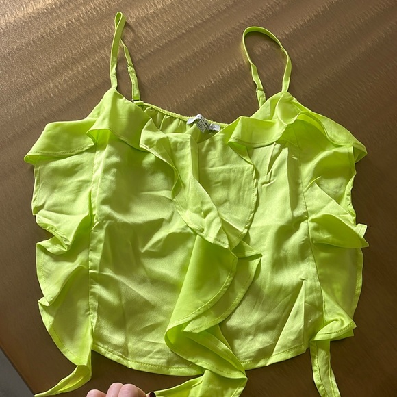 Tops | Nwt Green Satin Ruffle Top | Poshmark